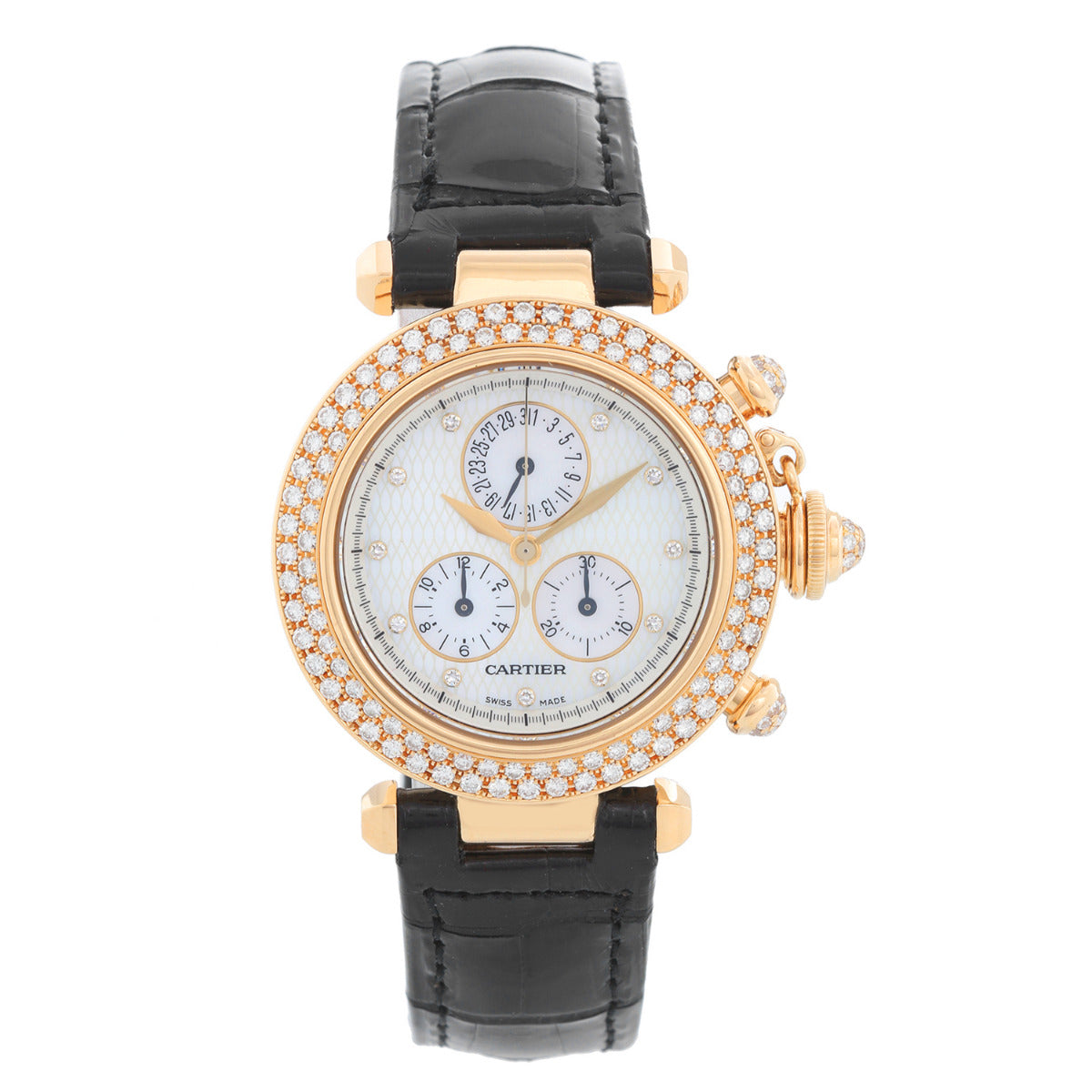 Cartier Pasha 18k Yellow Gold & Diamond Ladies Watch on Black Strap Band